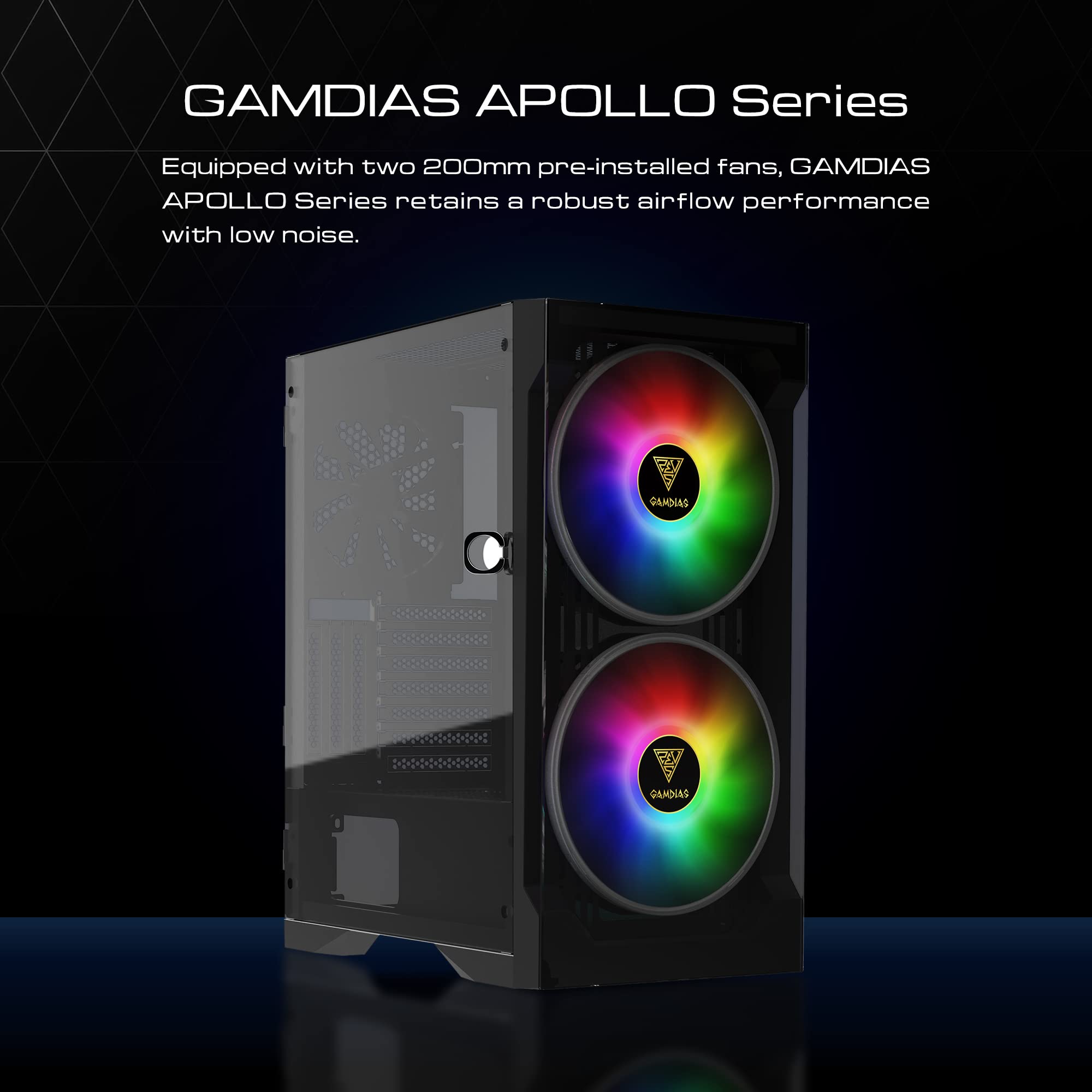 GAMDIAS Apollo E2 Elite Gaming Case Mid Tower ATX 2 x 200mm ARGB Fan Trapezoidal Tempered Glass Panel with Tool Free Installation Tempered Glass Window (Apollo E2 Elite) Black