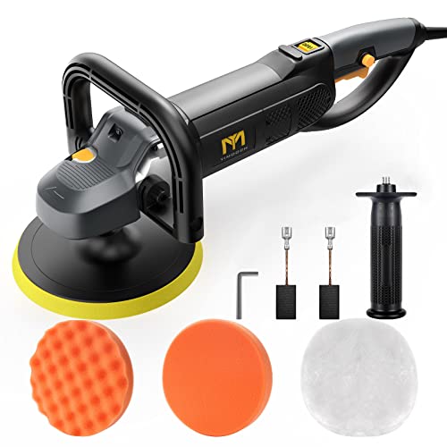 1500W Buffer Polisher, 180mm Rotary Car Polisher Machine Polishing Waxer Kit for Car Detailing with 6-Level Speed，D & Side Handle，4 Foam Pads, 2 Carbon Brushes and 10 Sandpapers