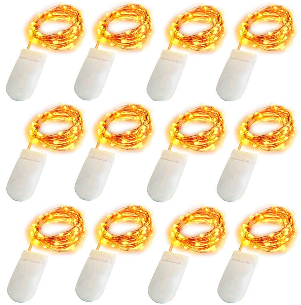 12 Pack Fairy Lights Battery Operated, 6.5Ft 20 Led Waterproof Mini Firefly String Lights with Flexible Silver Wire for Wedding Centerpieces, Mason Jar Craft, Christmas Garlands, Party Decor,Amber