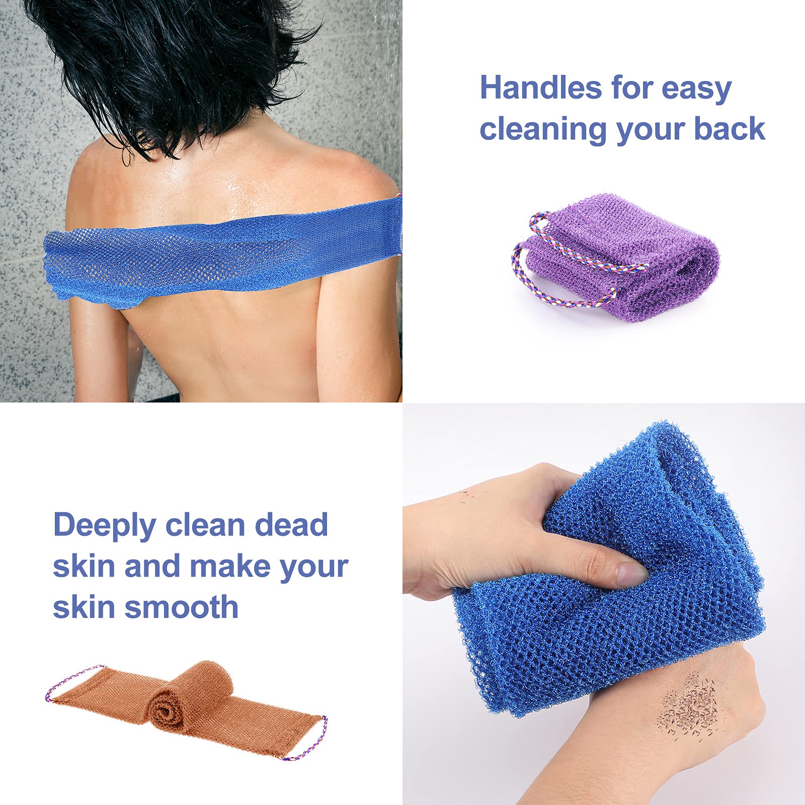 Tegeme 3 Pcs African Exfoliating Net Sponges Bath Back Scrubbers Long with Pull Strap Exfoliating Smoother Nylon Body Shower Loofahs Cloth for Women Men Daily Handles Washcloth Wash Purple Blue Coffee