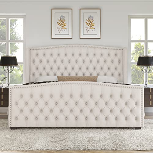 AMERLIFE Queen Size Platform Bed Frame, Velvet Upholstered Bed with Deep Button Tufted & Nailhead Trim Wingback Headboard/No Box Spring Needed/Cream