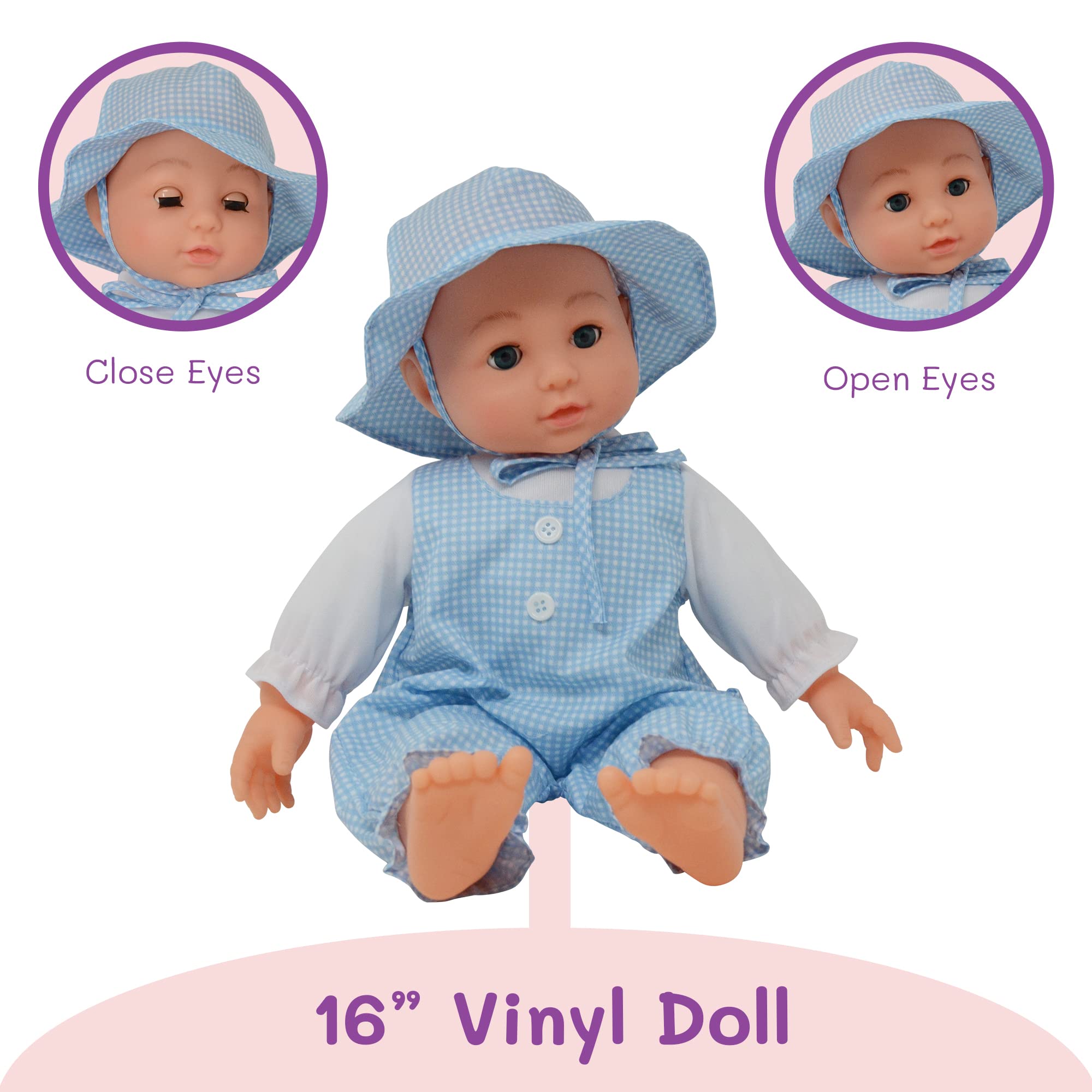 16 inch Realistic Baby Doll with Plush Body, Soft Vinyl Head & Extremities, Gingham Print Summer Outfit Bonnet Hat, Blinking Open & Close Eyes – Boxed 16” Kid’s Doll Gift for Toddler Girl, Boy (Pink)