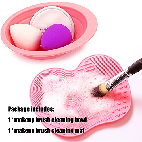 Makeup Brush Cleaning Mat, Silicone Makeup Brush Scrubber, Cosmetic Brush Cleaner, Brush Cleaning Pad, Foldable Makeup Brush Cleaning Bowl Suitable for Makeup Brush, Makeup Sponge, Powder Puff (Pink)