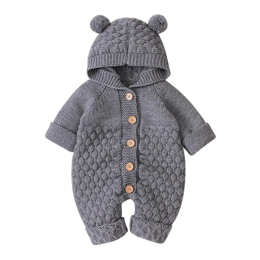 Unisex Newborn Baby Boy Girl Gender Neutral Cute 3D Bear Ears Hooded Knitted Sweater Long Sleeve Romper Overall Bodysuit Jumpsuit Playsuit Sleepwear Outwear Winter Warm Clothes Gray 0-6 Months
