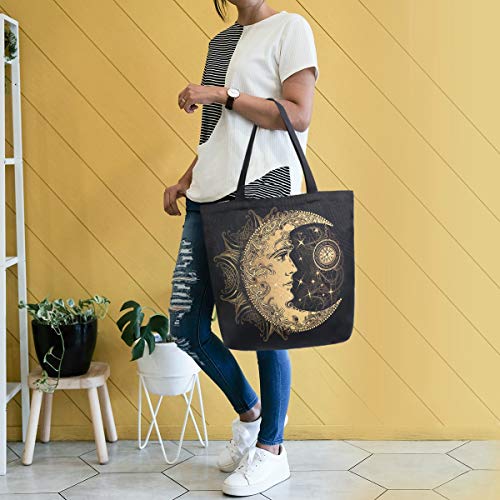 Boho Golden Moon Sun Extra Large Grocery Bag Reusable Canvas Tote Bag Casual Beach Shopping Tote Heavy Duty Washable Shoulder Bags Handbag
