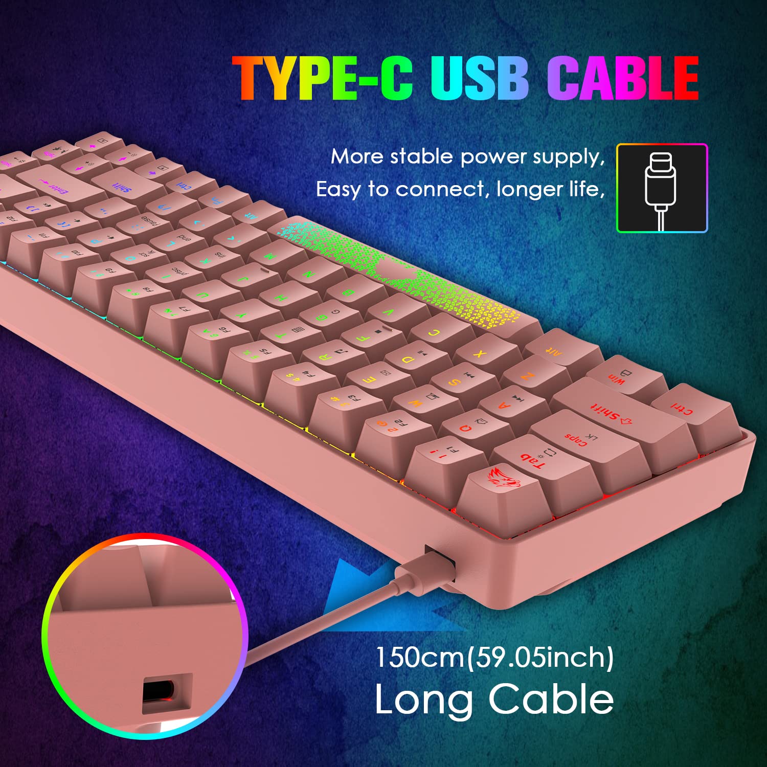 60% Ture Mechanical Gaming Keyboard and Mouse Combo Samll Mini RGB Chroma 68Key Keyboard, Detachable USB Type-C Cable,Lightweight 6400DPI Honeycomb Mouse Compatible with PS4,Xbox,PC,Laptop,MAC