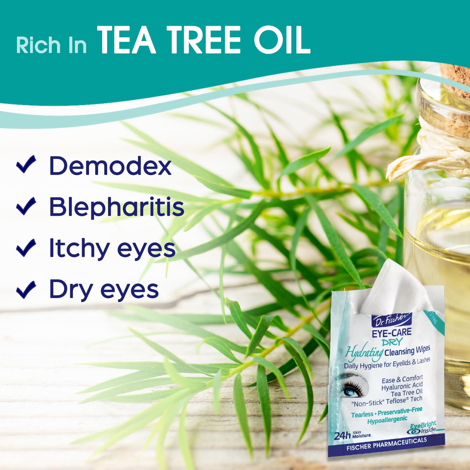 Dr. Fischer Tea Tree Eyelid Wipes: Hypoallergenic Eye Wipes for Dry, Red, Allergy Eyes. Long-Lasting Relief for Computer Vision & Tired Eyes. Effective Makeup Remover for Sensitive Skin.
