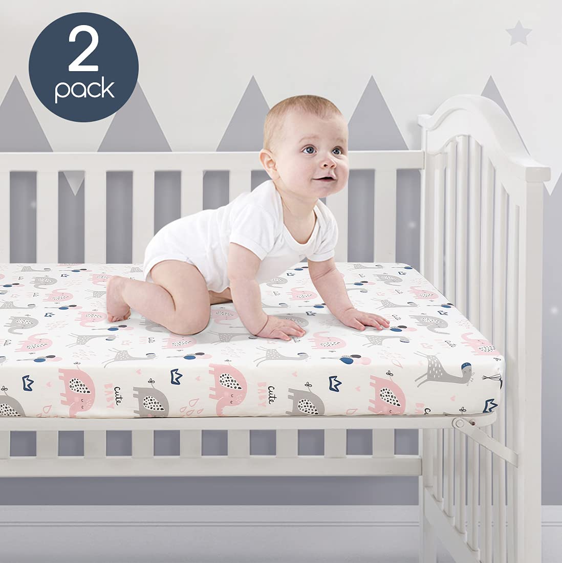 Pack n Play Playard Sheets JERORAY for Girls and Boys,2 Pack Stretchy Ultra Soft Jersey Knit Portable Mini Cribs Playards Sheets, Pink Elephant