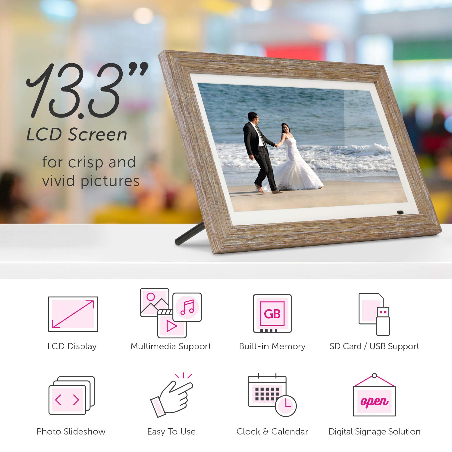 Aluratek 13" Distressed Wood Digital Photo Frame with 8GB Built-in Memory, 2 Interchangeable Frames, USB/SD/SDHC Supported, Built-in Clock & Calendar, Non-WiFi