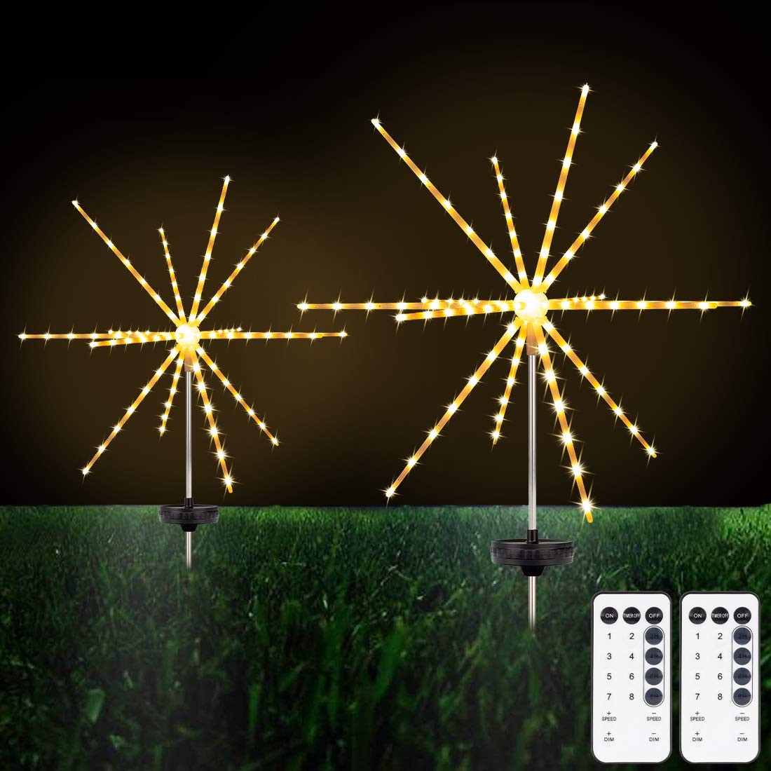 2 Pack Outdoor Home Decor Solar Powered Flowers Firework Lights with Remote Waterproof DIY 14 Copper Wire Dimmable Auto ON-Off 112 LED Lights for Garden Patio Yard Pathway Lawn Party (2, Warm White)