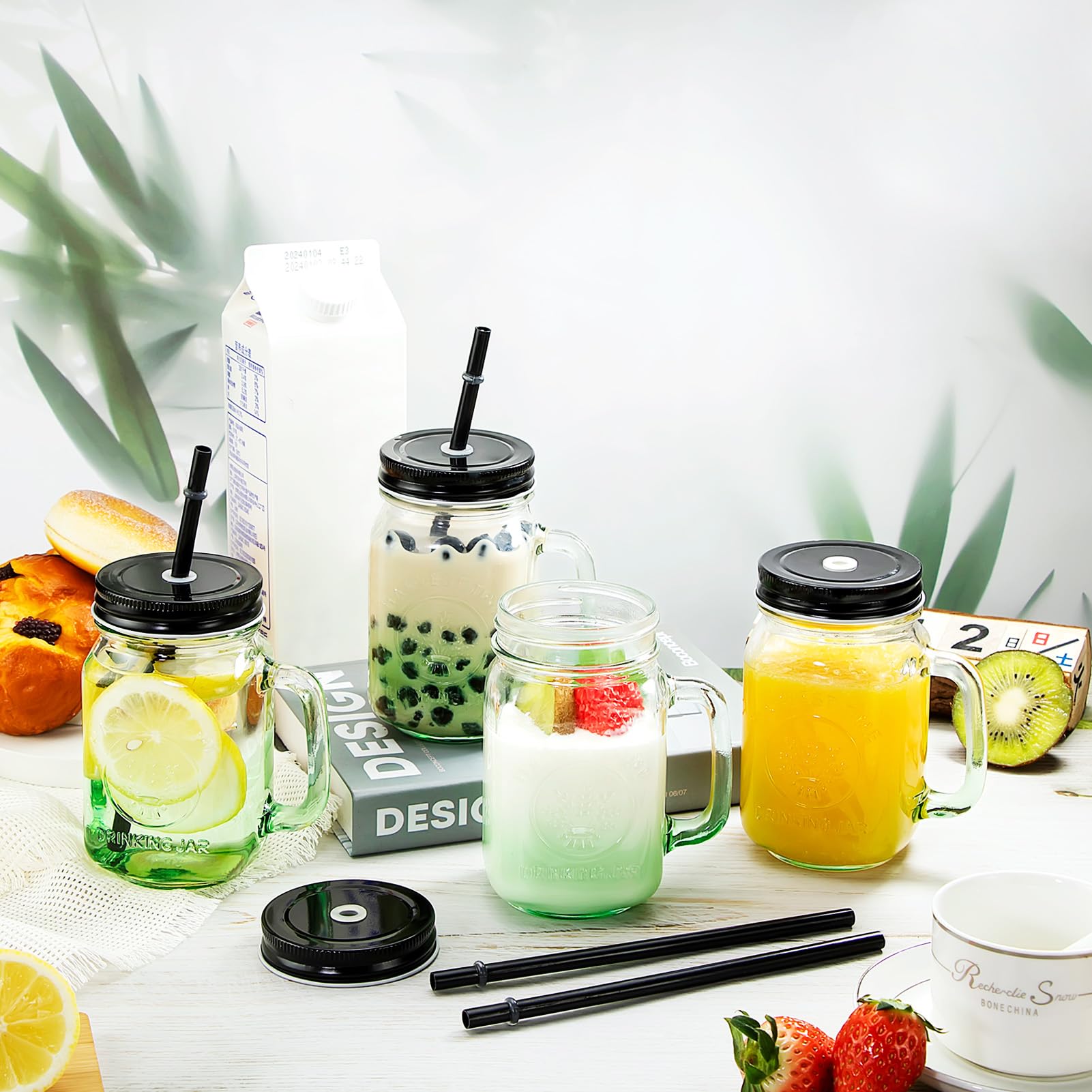16 OZ Mason Jars with Lids and Straws,Glass Mugs with Handle Set of 4/6 Drinking Glasses,Large Wide Mason Jars Cup Set (Green, 6)
