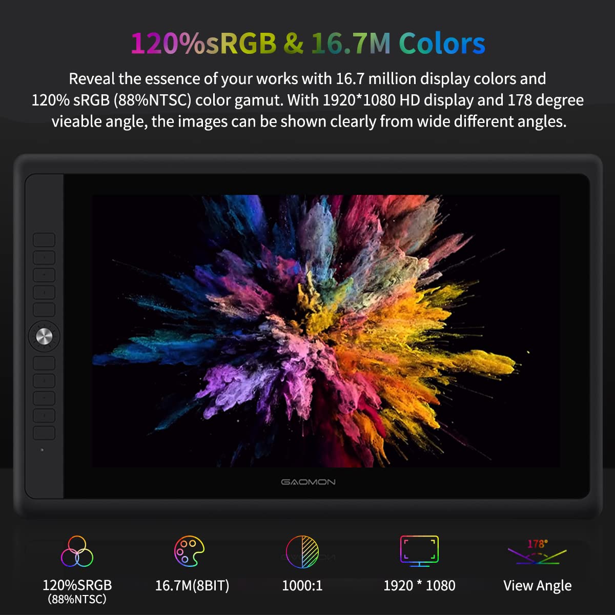 GAOMON PD156Pro - 15.6" Drawing Tablet with Screen Full-Laminated 120% sRGB Pen Display with Dial Key & 10 Hotkeys, Battery-Free Stylus Art Tablet for Digital Drawing, Anime, Sketch, Graphic Design