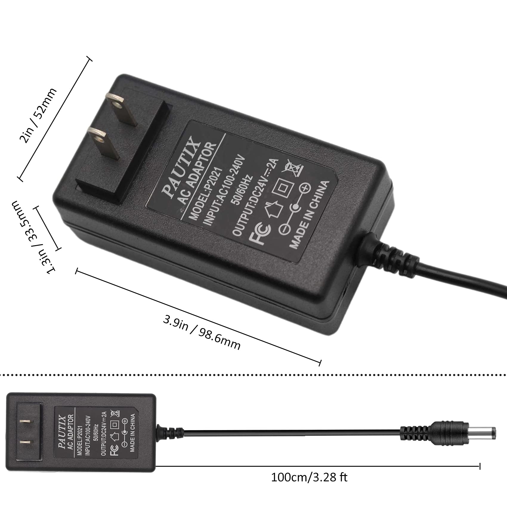 PAUTIX 24V DC Power Supply Adapter 24Volt 2A 48W AC to DC Converter Transformer 100-240V AC Input with 5.5 x 2.1mm US Plug for LED Strip, CCTV Camera