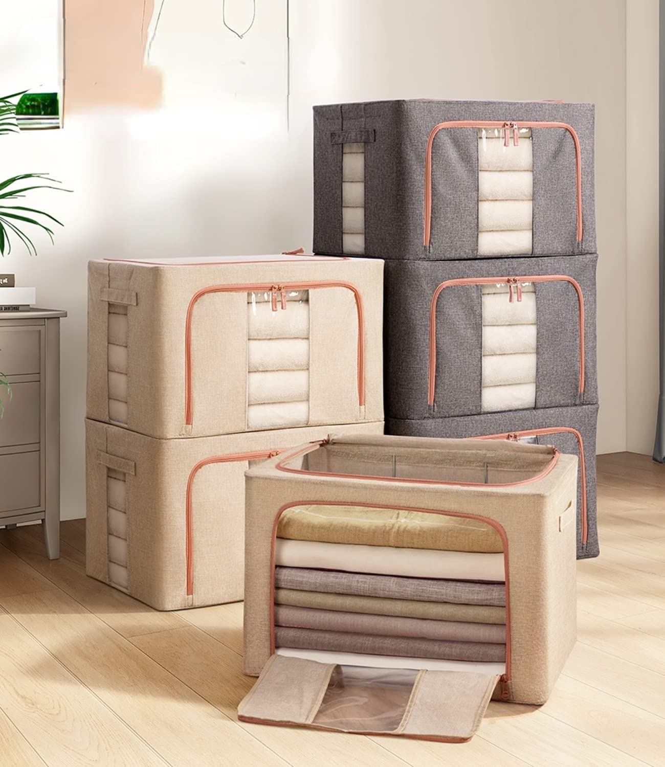 3 Pack Clothes Storage Bags - 66L Foldable Stainless steel Frame Storage Box - Stackable Linen Fabric Container Organizer Set with Carrying Handles and Clear Window With sturdy zipper ( 19.7x15.7x13inch）