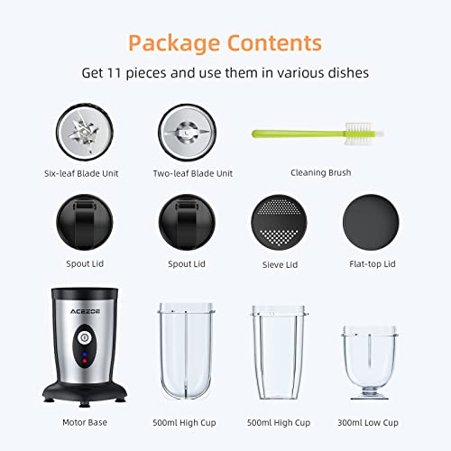 Acezoe 850W Bullet Blender for Shakes and Smoothies, 5 in 1 Personal Blenders for Kitchen, with 6 fins Blade, 2x500ml Portable Bottle, 1 Grinding Cup, for Juice, Protein, Vegatable, Easy to Clean