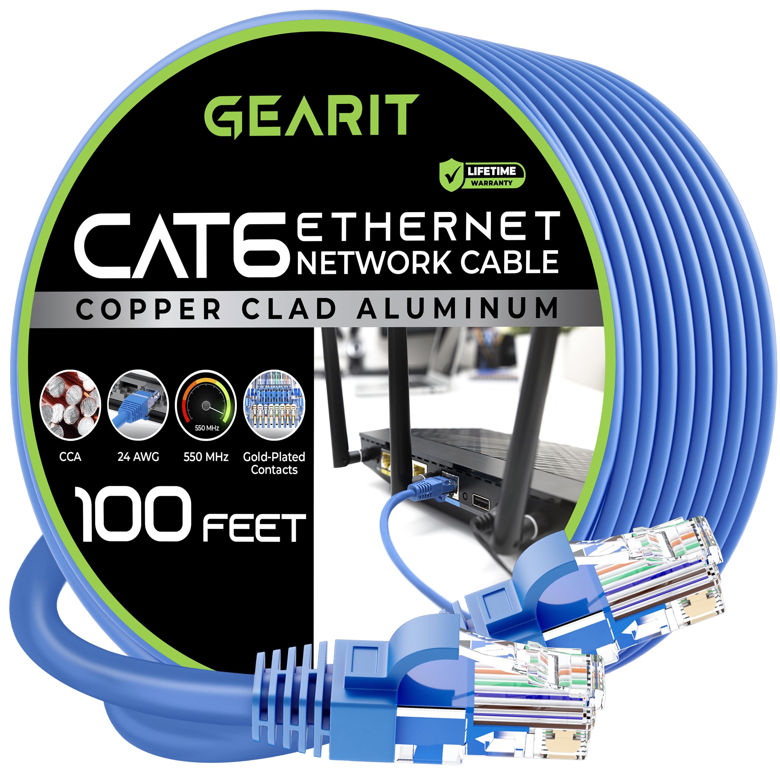 GearIT Cat 6 Ethernet Cable CCA (100 feet) LAN Network Cord, UTP, Internet, Network Cable - Supports Cat6 / Cat5e / Cat5 Network Standard - Blue, 100ft