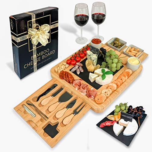Bamboo Cheese Board and Knife Set Ceramic Bowls Wine Opener - 100% Organic Wood Serving Tray Charcuterie Board Perfect Choice for Gourmets, Birthday Presents, Wedding Gifts, Mothers & Housewarming