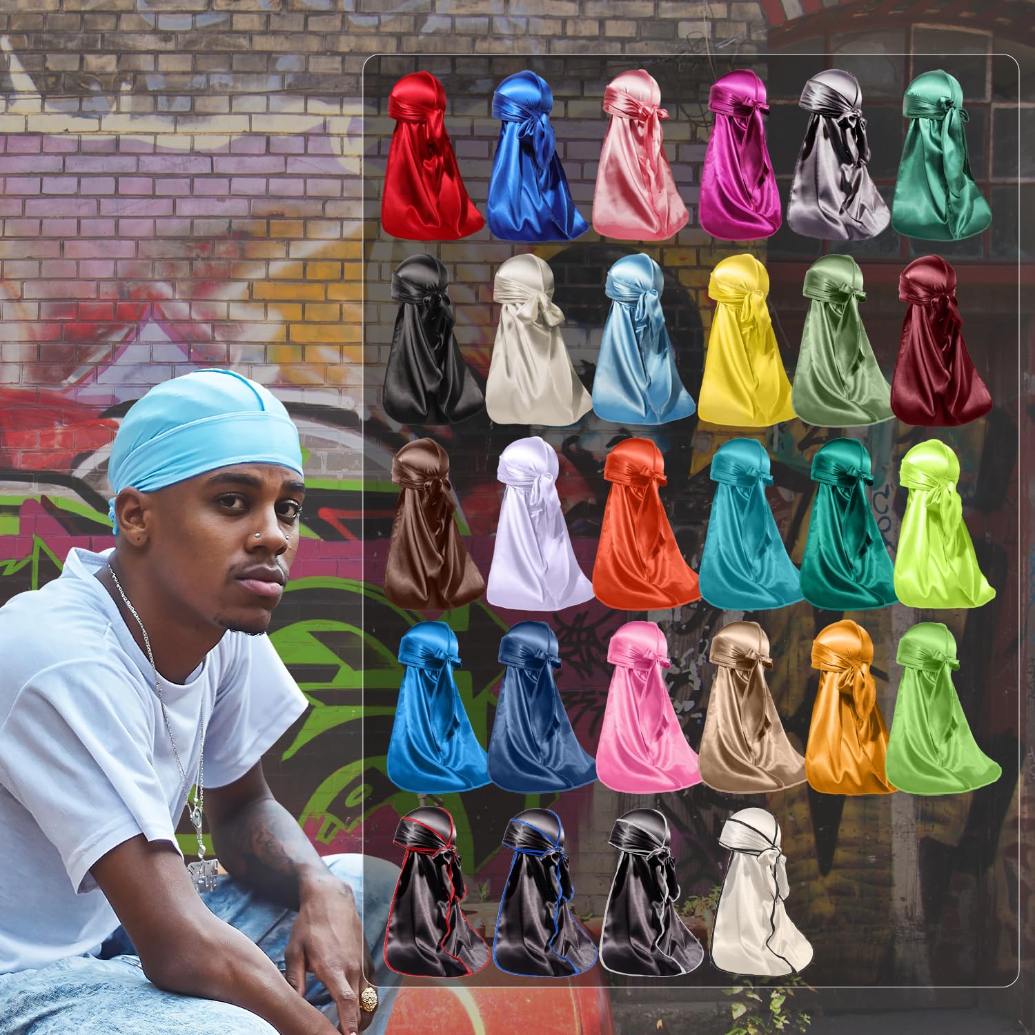 ForceWave Silky Durag for Men Wave Cap Satin Dorag for Men Women 360 Wave Black