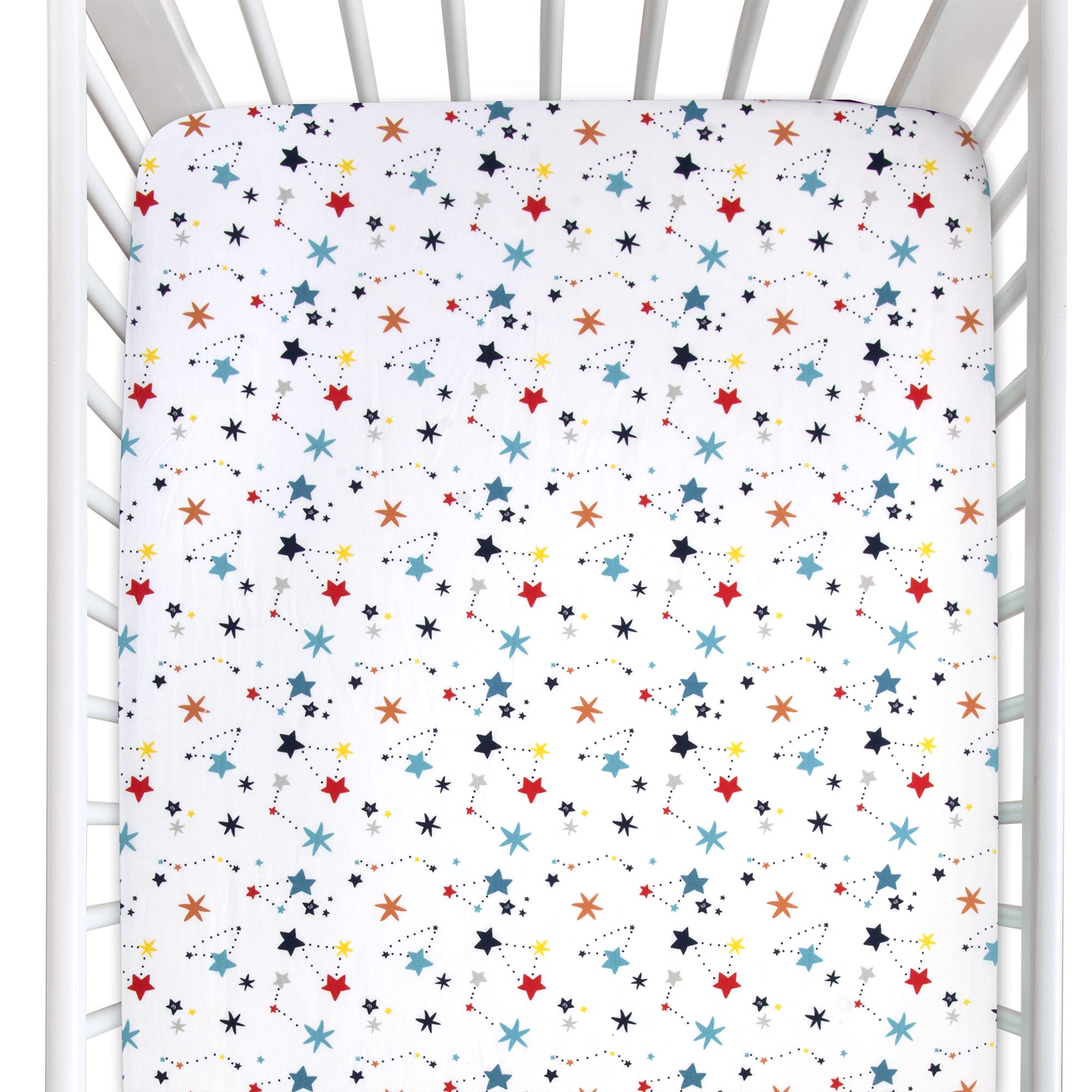 Fisher Price Space Explorer Fitted Crib Sheet Cotton Stars, Space Themed Nursery Bedding 28 x 52โ Fitted Crib Sheet for Standard Crib Mattress