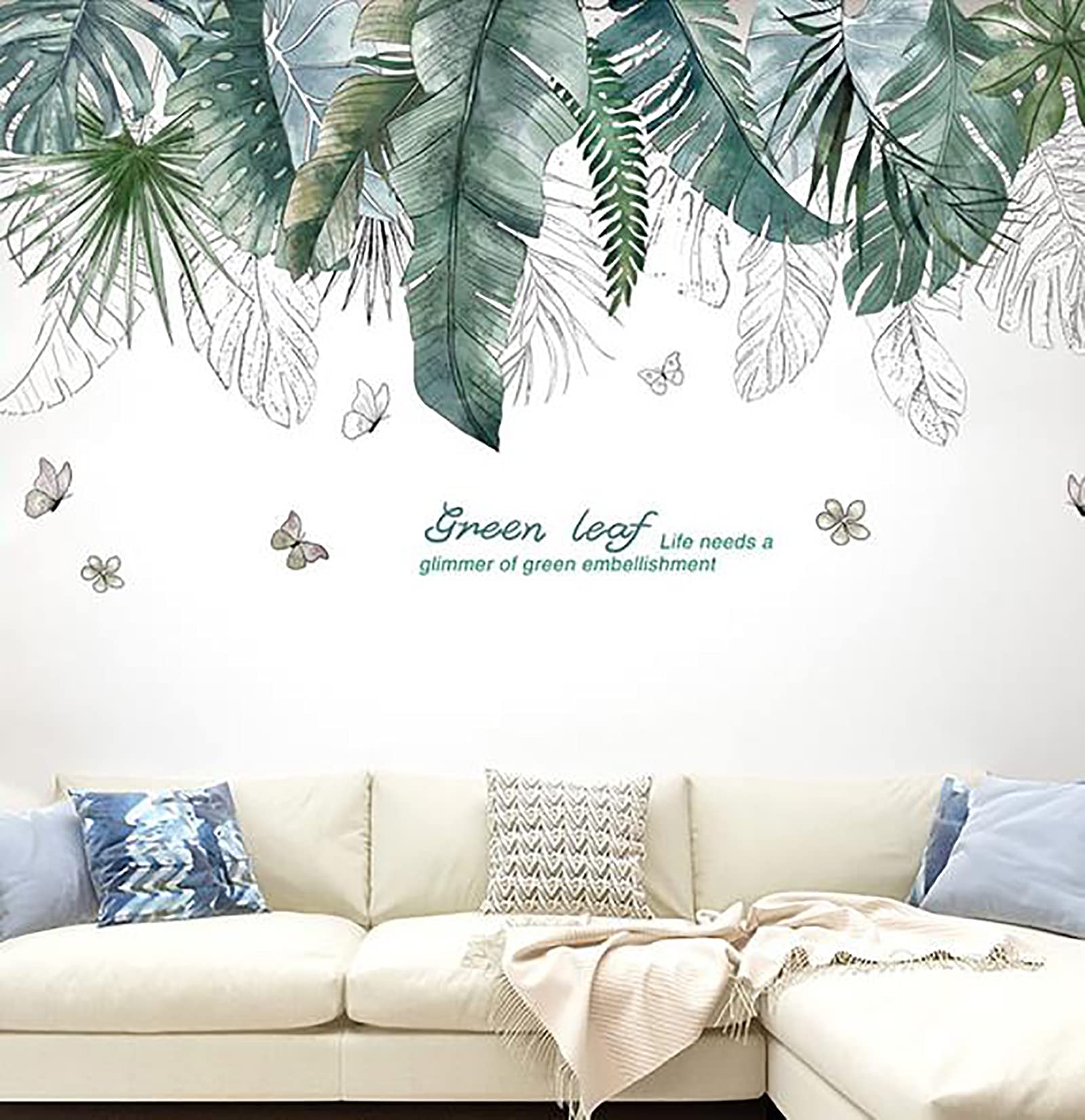 SENGTER Tropical Leaves Wall Decals Removable Jungle Green Palms Tree Plant Wall Stickers for Living Room Kids Room Bedroom Playroom Decor