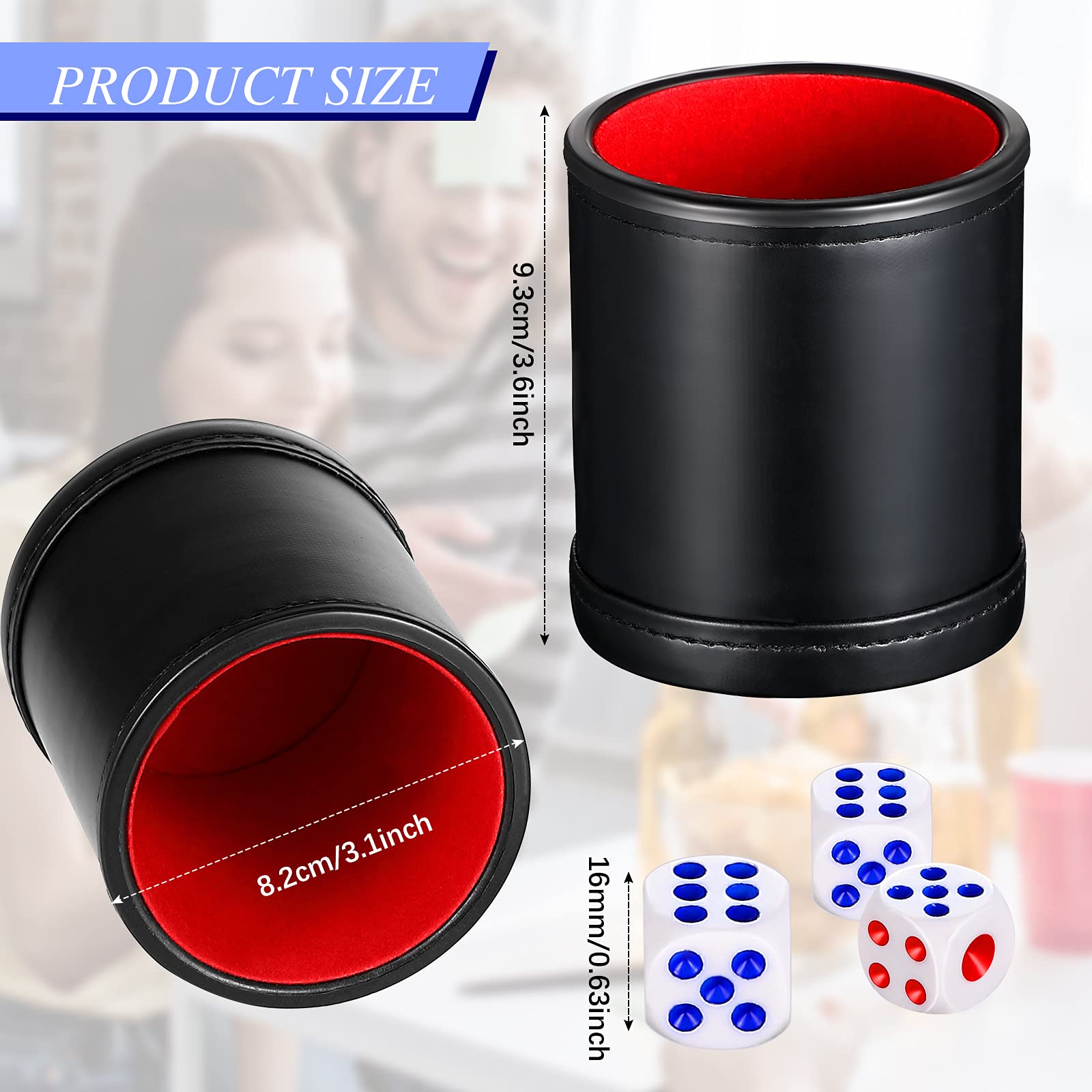 4 Pieces PU Leather Dice Cups, PU Leatherette Dice Cup Set, Red Felt Lining Quiet Shaker with 20 Dices for Craps Farkle Game Kill Time Pressure