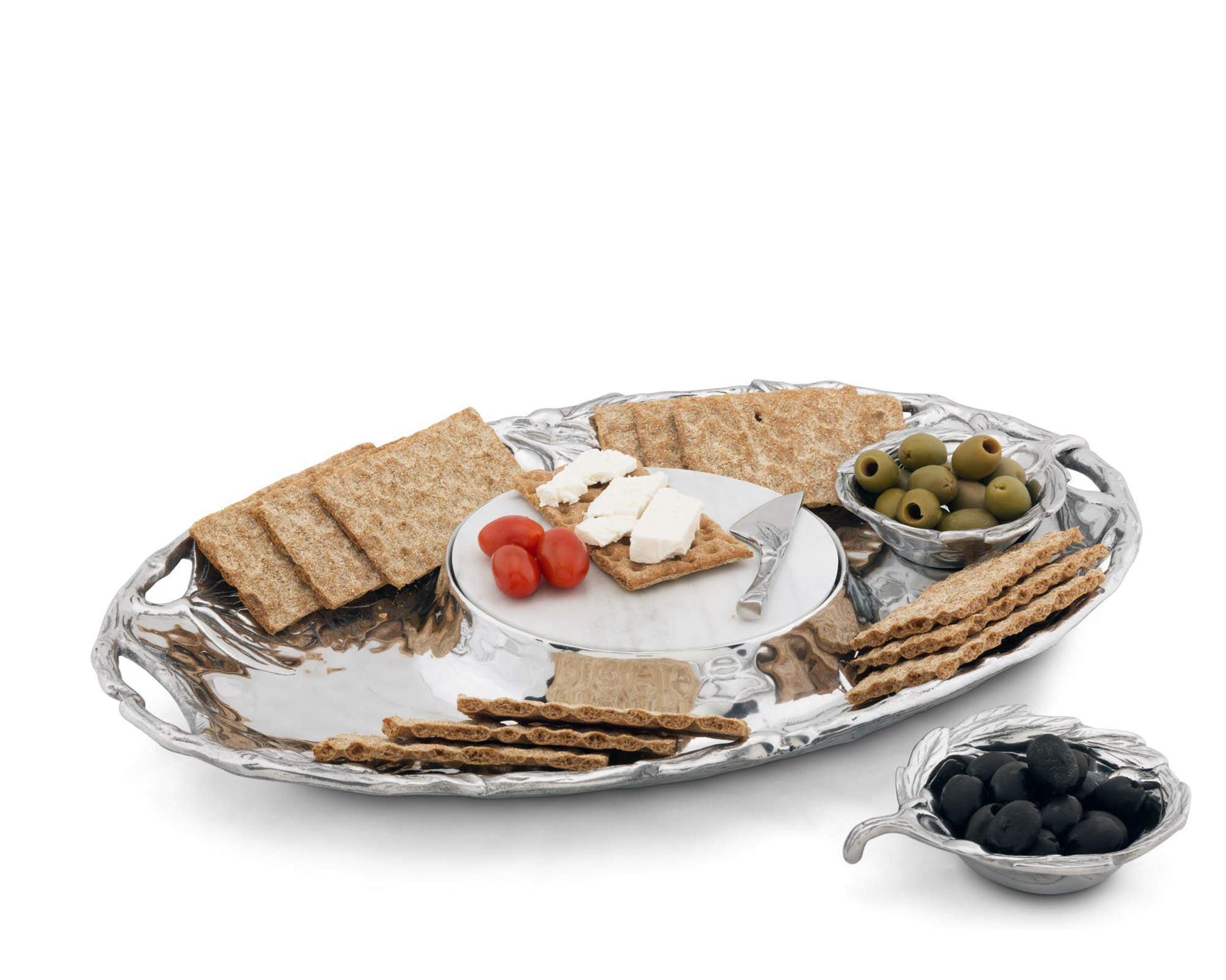 Arthur Court Sand-Cast Aluminum Olive Pattern 5 Piece Entertainment Tray 2 Serving Bowls, Tray, Spread, Marble 20 inch x 13 inch