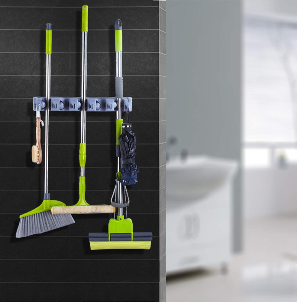 Broom Mop Rack and Garden Tool Storage Rack, ABS Material, Wardrobe Storage, Kitchen Rack, Home Finishing and Garage Storage Rack, Suitable for Rake or Mop Handle, 5 Handle Slots and 6 Hooks (Gray)