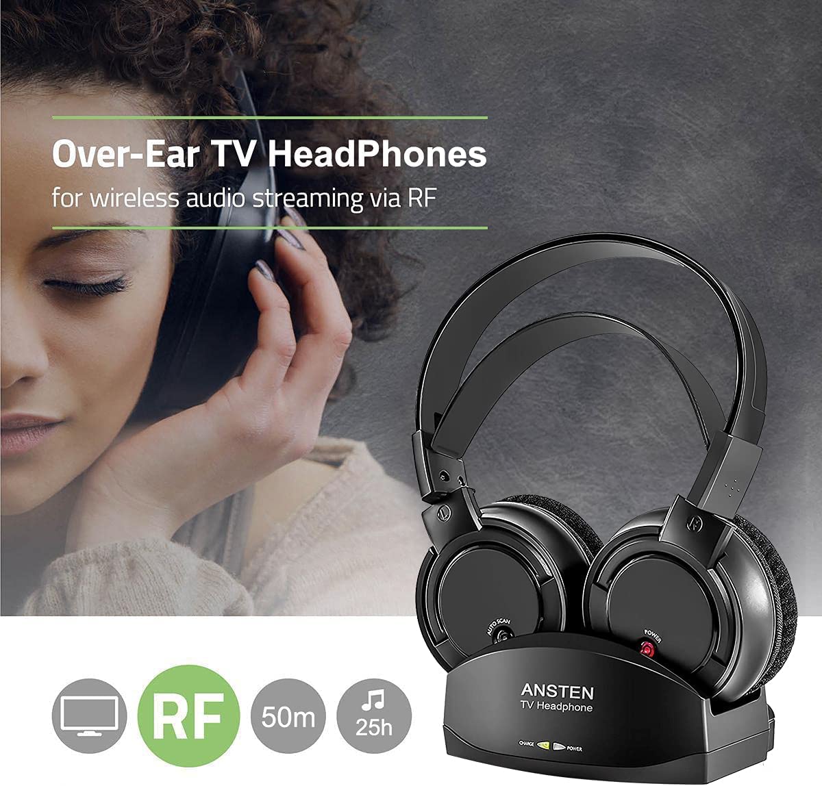 ANSTEN Wireless Headphones for TV Watching, Over Ear Headsets with RF Transmitter Charging Dock with 3.5 mm AUX/RCA, Rechargeable Stereo TV Wireless Headphone,164 ft Work Rang, No Audio Delay