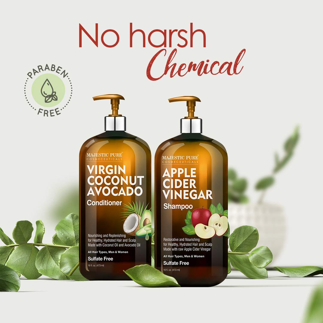 Majestic Pure Jamaican Black Castor Oil (16 oz) and Apple Cider Vinegar Shampoo & Coconut Avocado Conditioner Set (16 oz each) Bundle