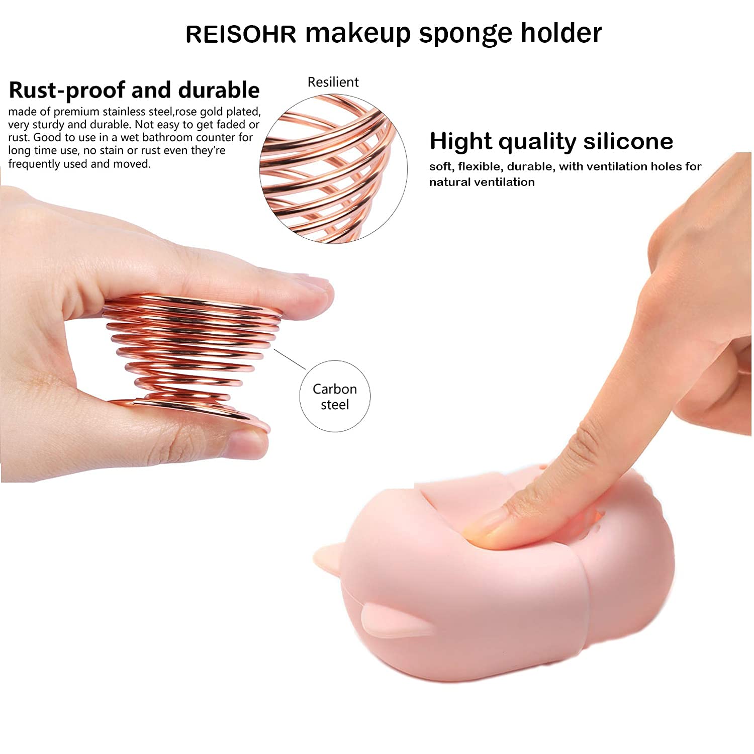 Makeup Sponge Holder, Beauty Sponge Holder + Makeup Blender Travel Case Beauty Sponge Blender Drying Stand & Storage Containers - Pink + Gold