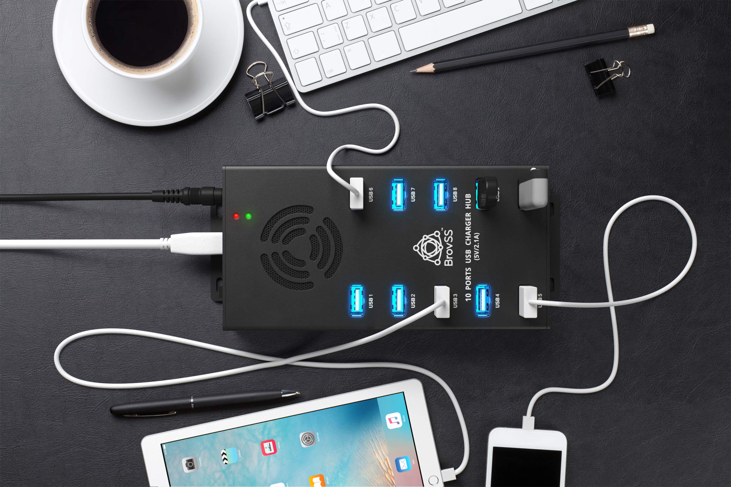 BrovSS: 10 Ports USB 2.0 Powered Hub - USB Extension Splitter with 12V 5A 60W Power Adapter. Plug and Play Installation. Connect up to 10 Electronics and USB peripherals (Black)