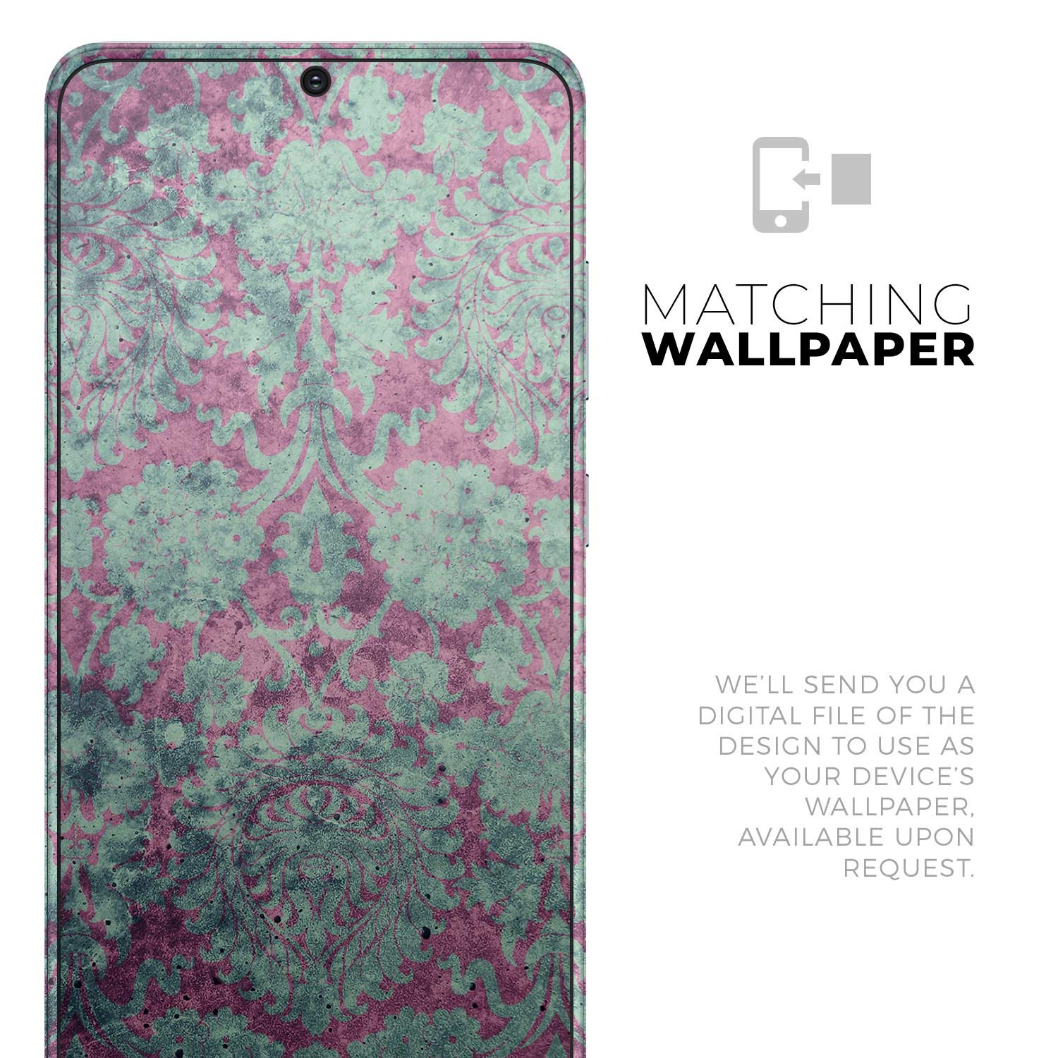 DesignSkinz Grungy Teal and Pink Damask Pattern Protective Vinyl Decal Wrap Skin Cover Compatible with The Samsung Galaxy S20 (Screen Trim & Back Glass Skin)