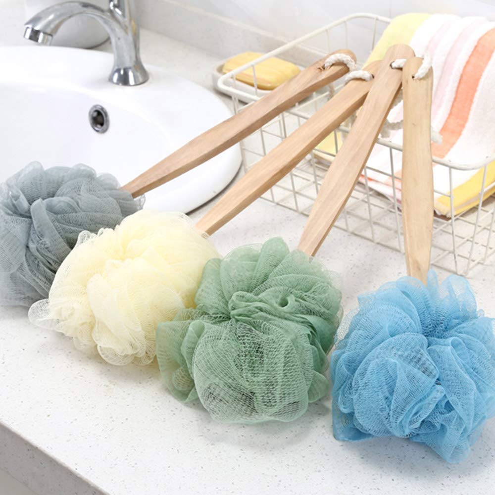 Arswin Loofah Back Scrubber for Shower,Wooden Handle Bath Sponge Lufa Shower Brush, Soft Nylon Mesh Back Cleaner Washer, Body Brush for Women&Kids Bathroom Shower Accessories (Blue)