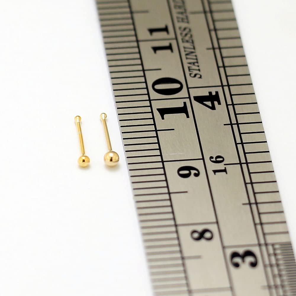 14K Yellow Gold 2MM Plain Top Ball 22 Gauge Ball End Nose Stud Piercing Jewelry