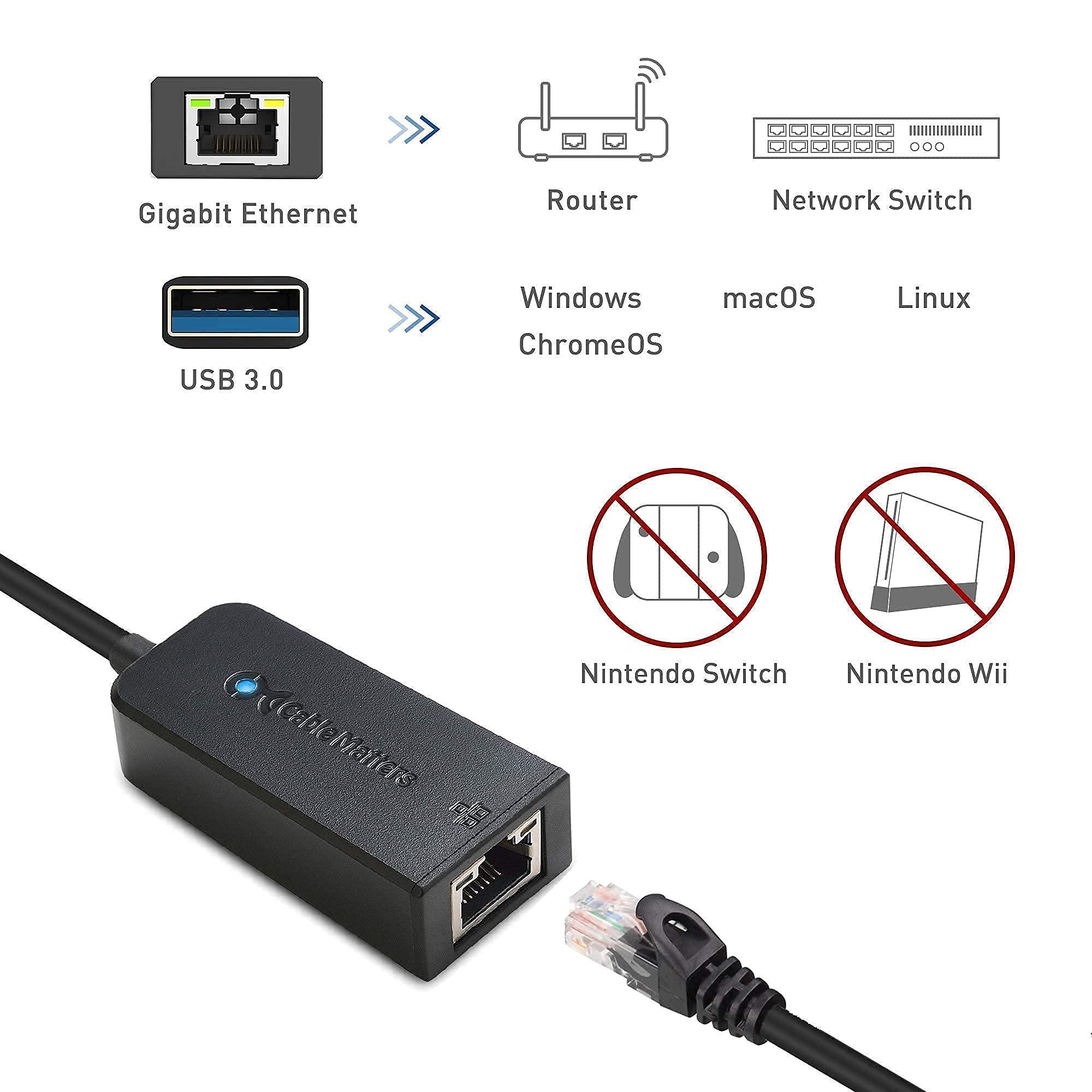 Cable Matters USB to Ethernet Adapter (USB 3.0 to Ethernet) Supporting 10/100/1000 Mbps Ethernet Network in Black & Snagless Cat6 Ethernet Cable