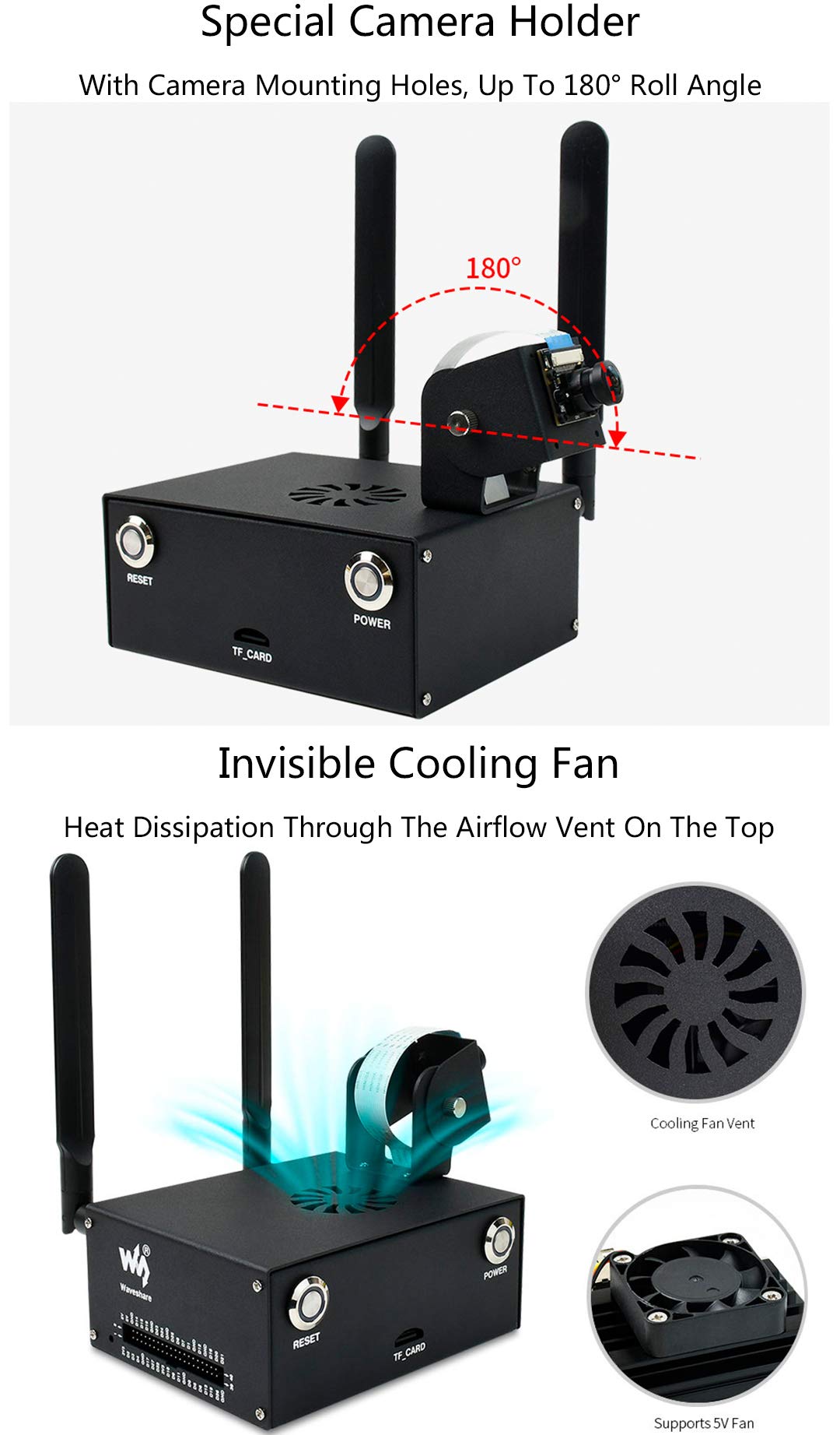 Bicool Jetson Nano Metal Case (E) /Enclosure for Jetson Nano 2GB Developer Kit with Reset and Power Buttons, Camera Holder, Compatible with Waveshare IMX219 Series Camera, Cooling Fan Fan-4010-5V