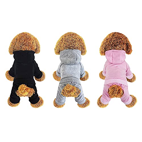 3 Pack Dog Hoodie, Pet Jumpsuit Fleece Sweatshirt with Buttons, Dog Clothes, Dog Cold Weather Coats, Winter Warm Cotton Puppy Hoodie 4 Legs Dog Clothes for Small Medium Dogs Boy Girl Black Grey Pink
