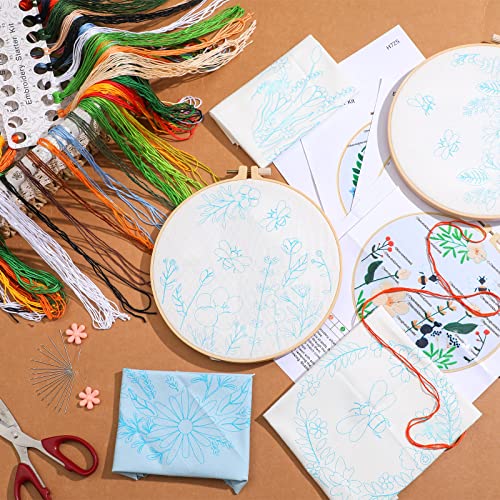5 Sets Embroidery Starter Kit with Patterns and Instructions Bee Flower Cross Stitch Set for Beginners DIY Adult Kids (as Pictures Shown)