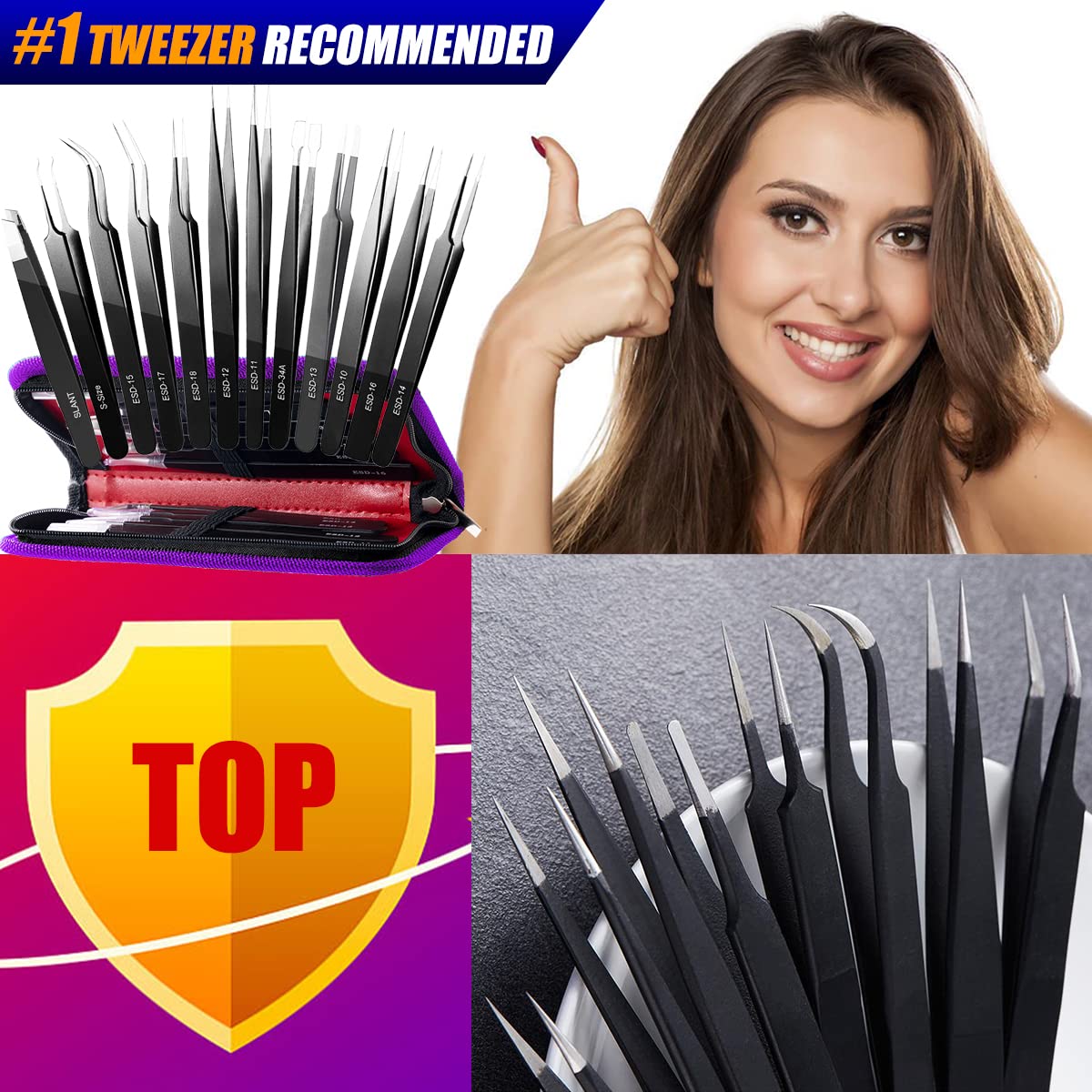 Antonki 12 Pack Precision Tweezers Set, Point and Slant Metal Tweezer Kits for Craft, Soldering, Jewelry, Ingrown Hair, Eyelash Extension, Eyebrow - with Case