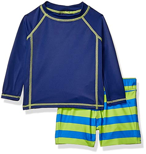 Amazon Essentials Baby Boys' Long-Sleeve Rashguard and Trunk Swimsuit Sets, Blue/Green Stripe, 0-3 Months