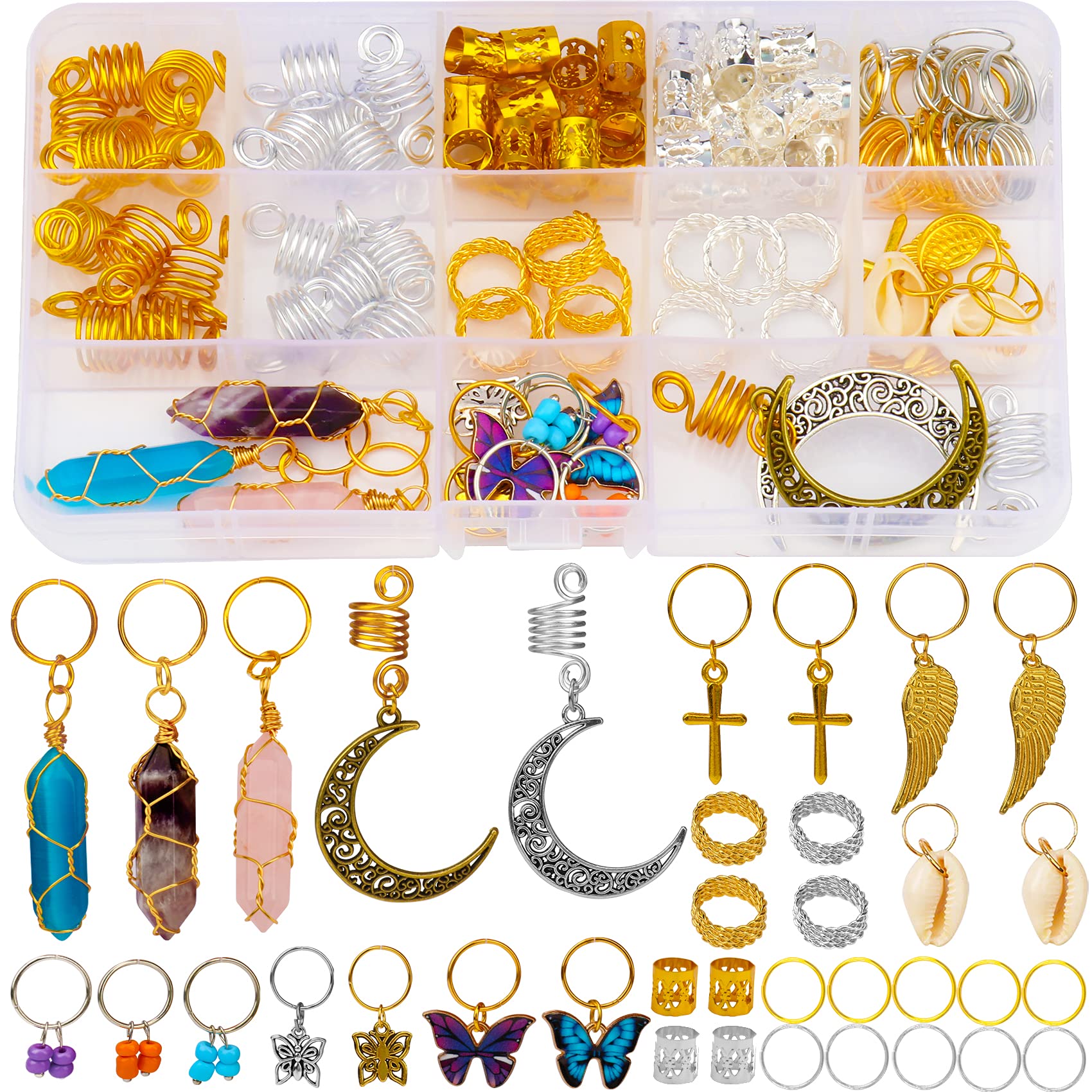 Loc Jewelry for Dreadlocks - Handmade Wire Wrapped Natural Crystal Adornment - Butterfly Hair Rings, Hair Charms, Coil Cuffs for Women, Girls, Men