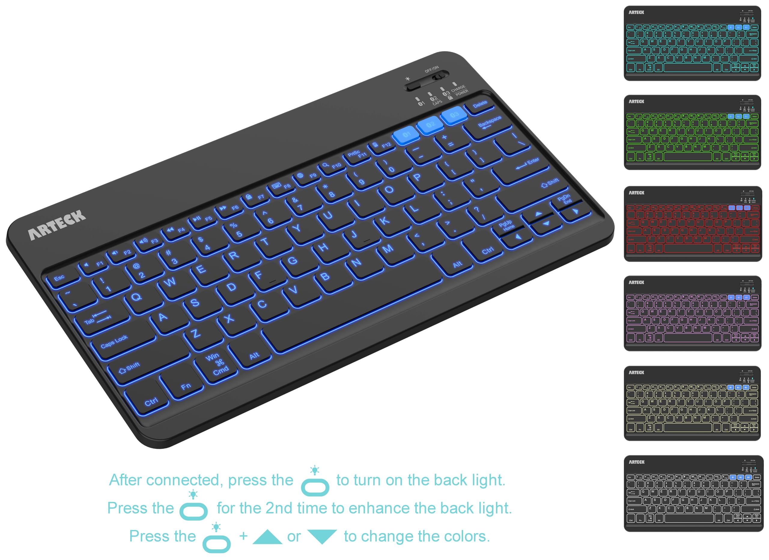 Arteck HB220B Universal Backlit 7-Colors & Adjustable Brightness Multi-Device Slim Portable Wireless Bluetooth 3.0 Keyboard for iOS, Android, Windows Tablet PC Smartphone Built in Rechargeable Battery