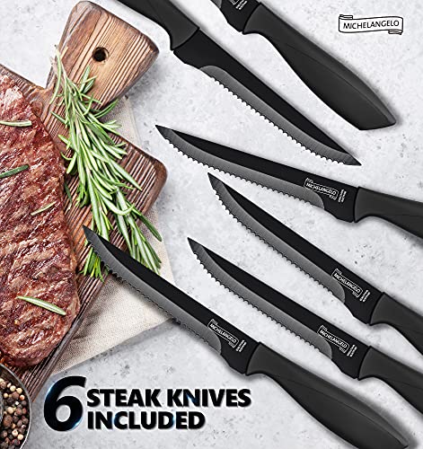 MICHELANGELO Kitchen Knife Set with Block, Sharp Black Knife Set for Kitchen, 16 Piece Stainless Steel Cooking Knife Set with Sharpener, Includes Steak Knives Set, Chef Santoku Knives, Black
