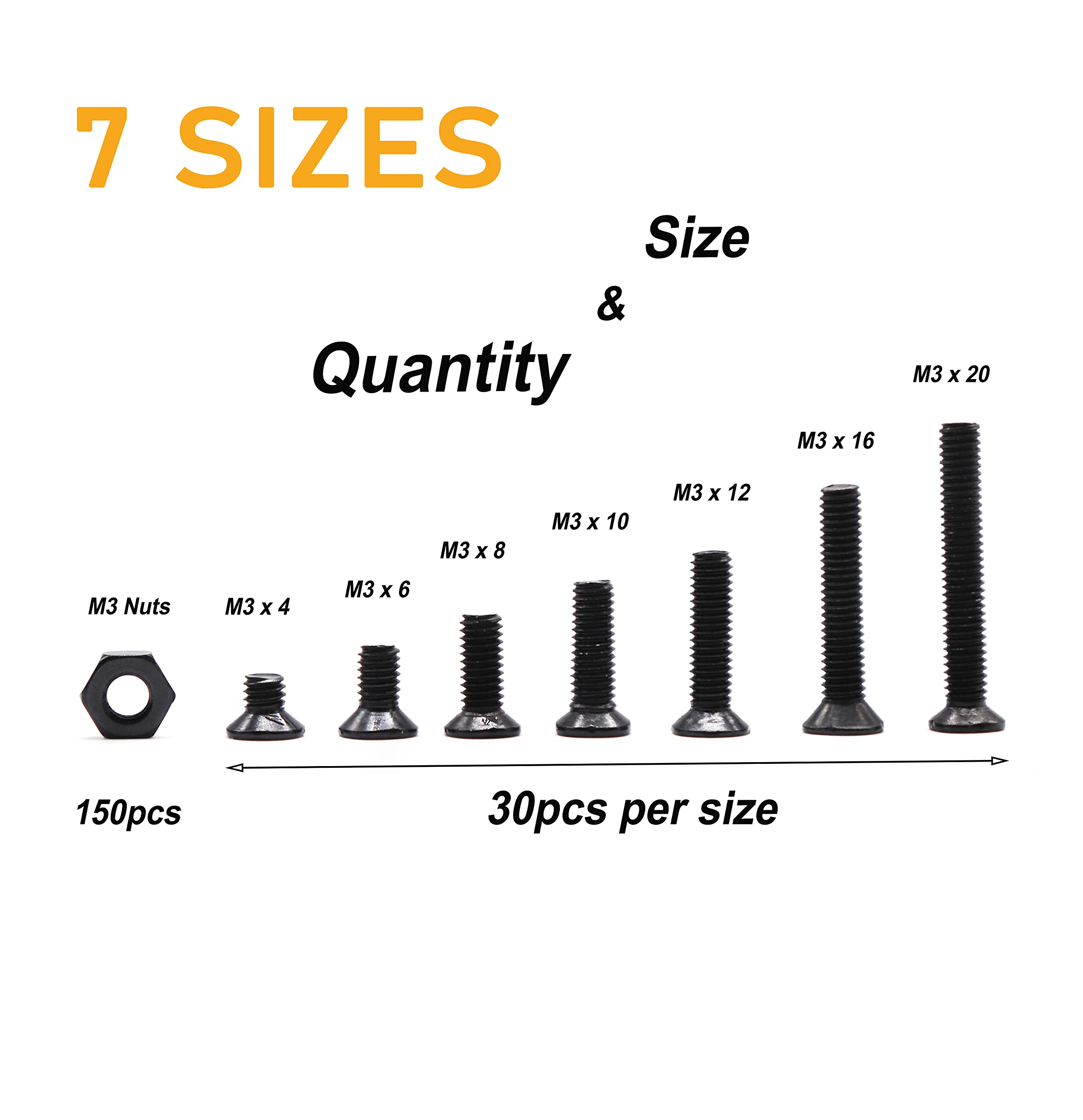 binifiMux M3 Screws Kit, M3 Flat Head Machine Screws, 360pcs (7 Sizes) M3-0.5mm Black Countersunk Flat Head Phillips Machine Screws and Hex Nuts Kit for 3D Printer Robot Project Toys RC Models