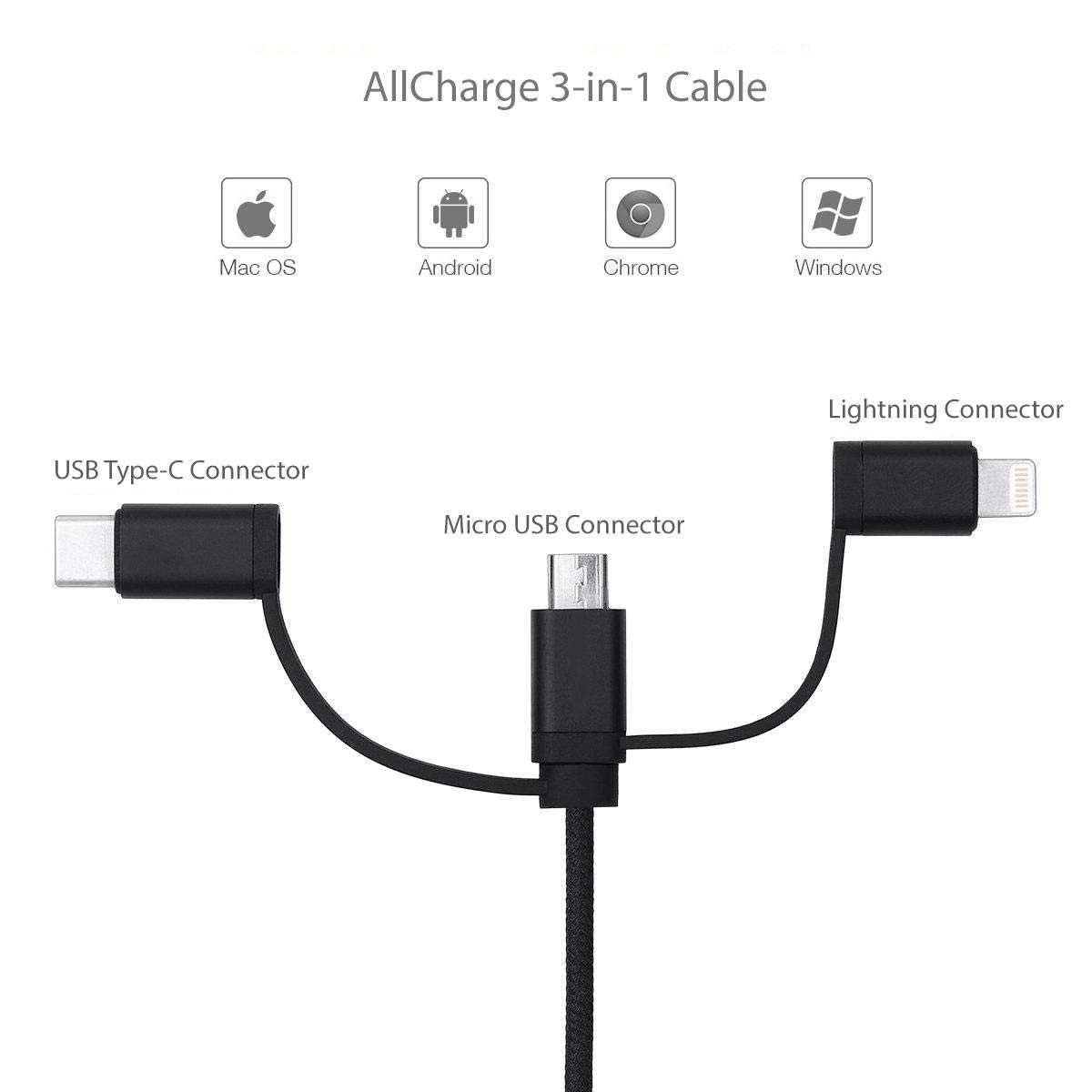 BoxWave Cable Compatible with Freestyle Libre Reader - AllCharge 3-in-1 Cable - Jet Black