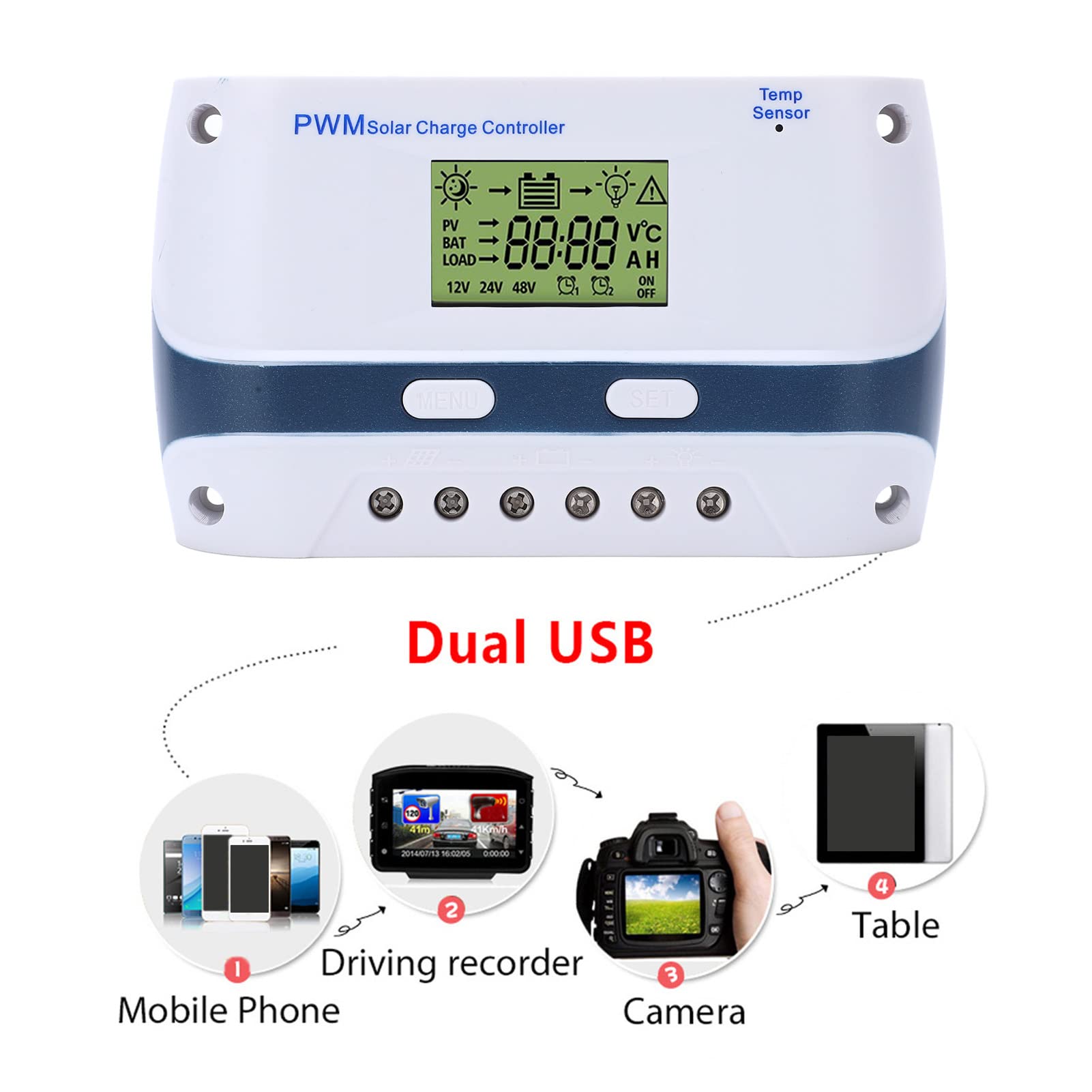 12V 24V PWM Solar Charge Controller LCD Display USB Output 40A Waterproof Panel Regulator - MPPT Solar Controller, Solar Charger Controller, PWM Solar Charger Controller