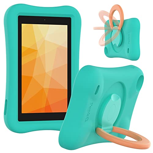 PEPKOO Kids Case for Fire 7 Tablet - 9th 7th 5th Generation 2019 2017 2015 Release, Lightweight Flexible Shockproof, Folding Handle Stand, Full Body Cover for Amazon Kindle Fire 7, Mint Orange