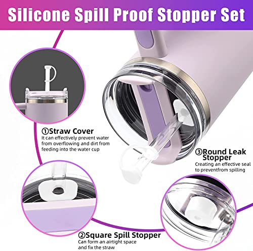4Sets Silicone Spill Proof Stopper for Stanley 40/30 oz The Quencher H2.0 Flowstate Tumbler with Handle for Stanley Cup Accessories Include 4 Straw Cover Cap Round Leak Stopper Square Spill Stopper