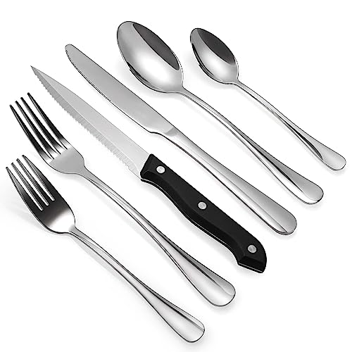 24 Piece Silverware Set, Flatware Utensils Set with Steak Knives for 4, Stainless Steel Cutlery Eating Tableware Set, Include Fork Kinfe Spoon, Mirror Polished, Dishwasher Safe