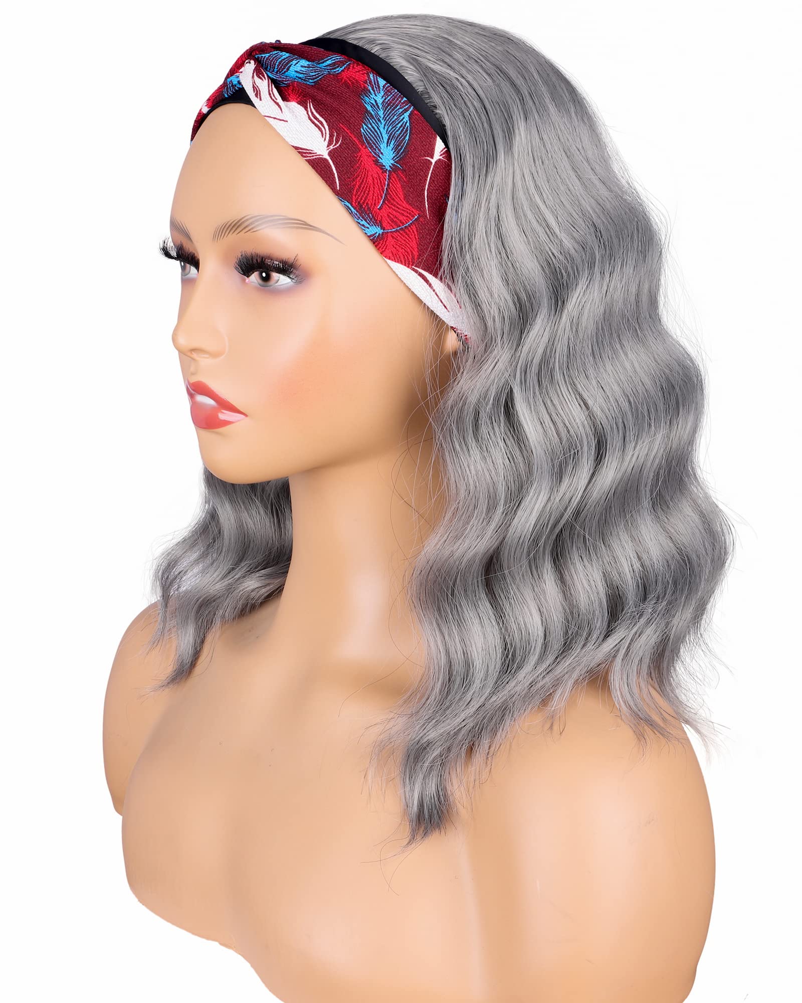 SYMEIW Silver Grey Wavy Headband Wig For Black Women Curly Half Wigs With Headband Attached Synthetic Wrap Wigs Turban Wigs For Women(Gray)…